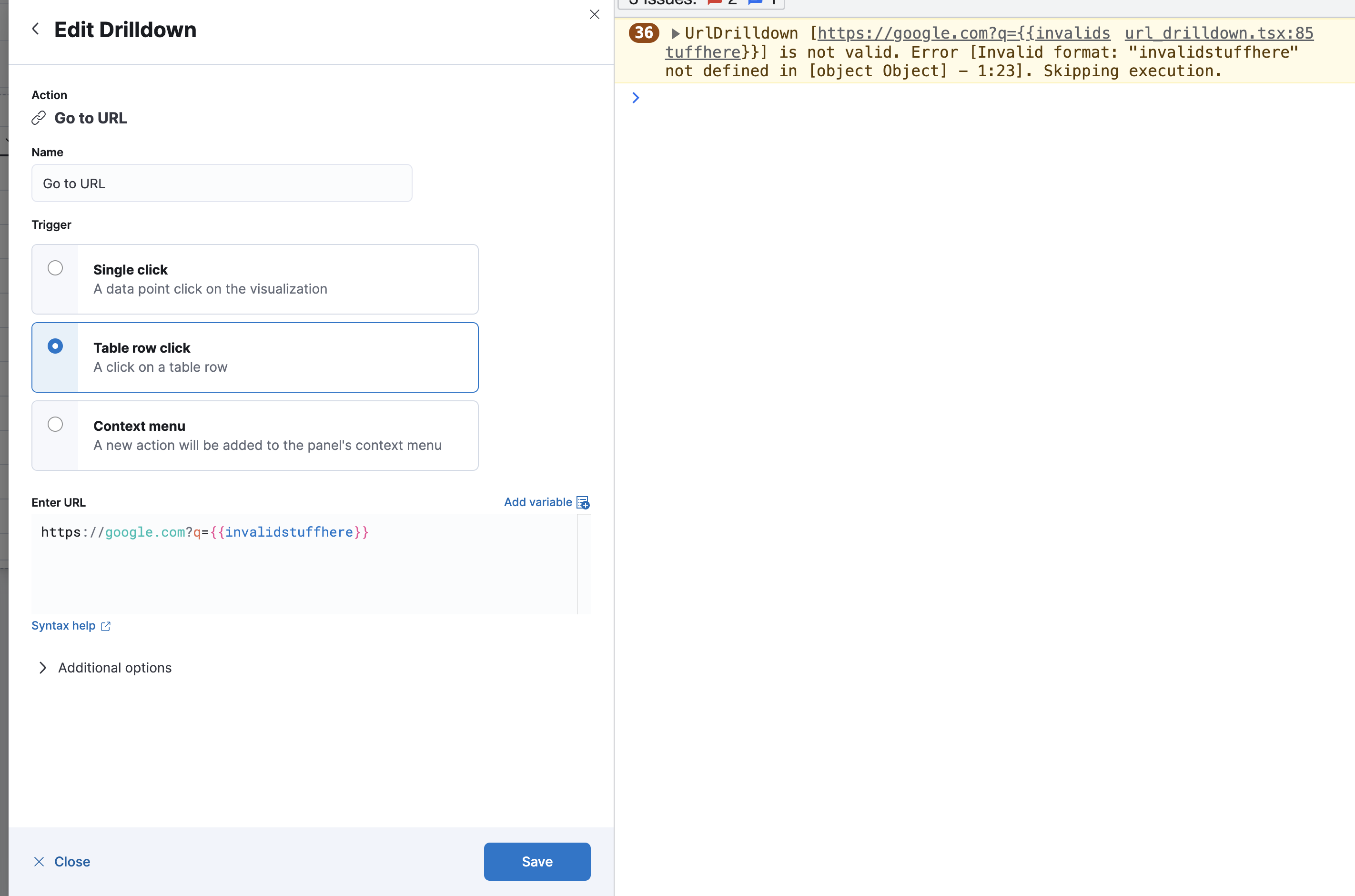 [Drilldowns] URL Drilldown does not display validation errors and allows saving with invalid ...