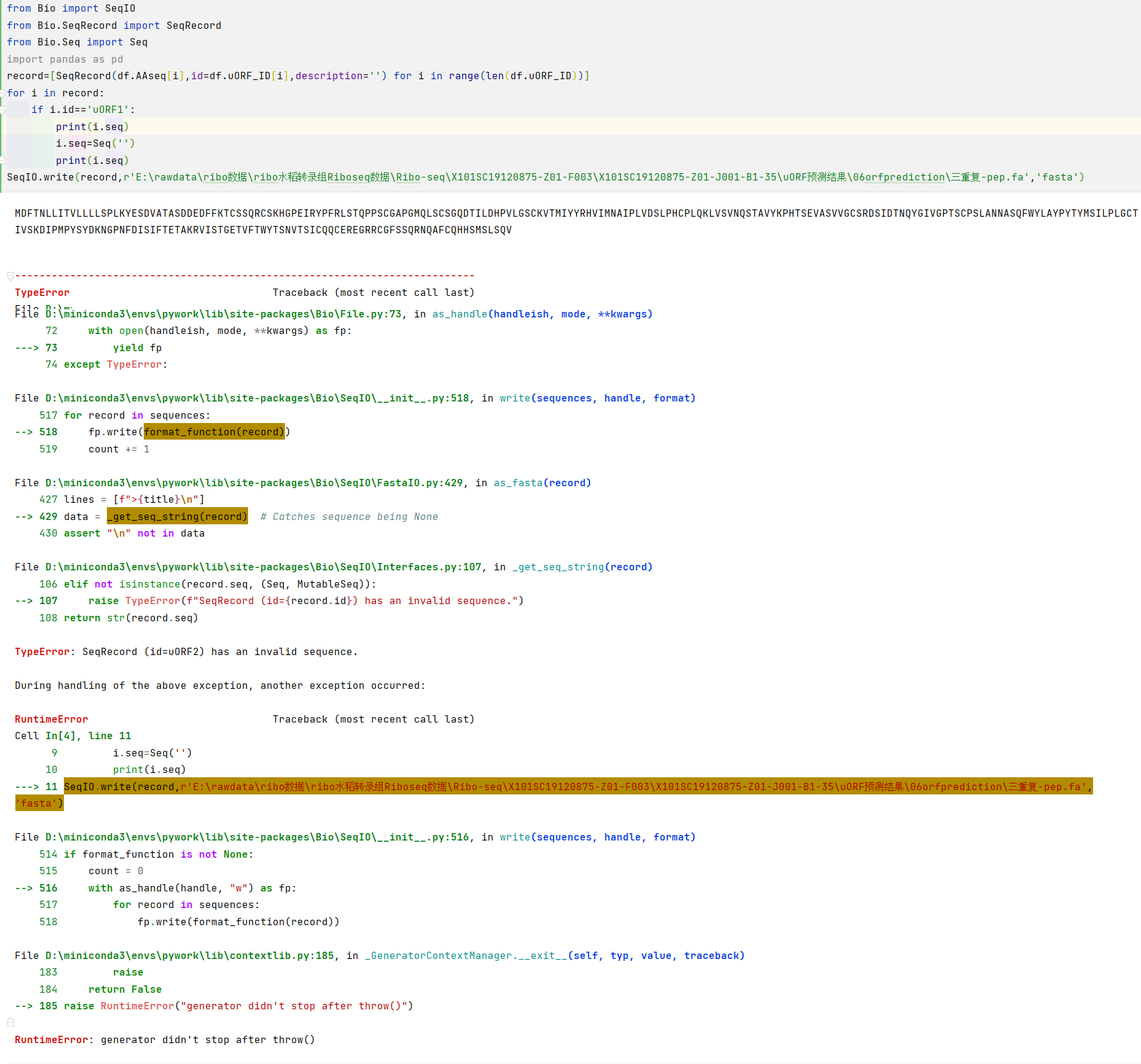 Seqiowrite Runtimeerror Generator Didnt Stop After Throw · Issue 4267 · Biopython