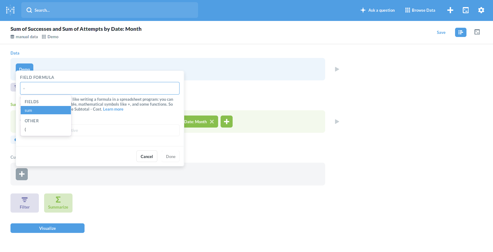 Custom column after aggregation: cannot select both aggregated metrics · Issue #10908 · metabase ...