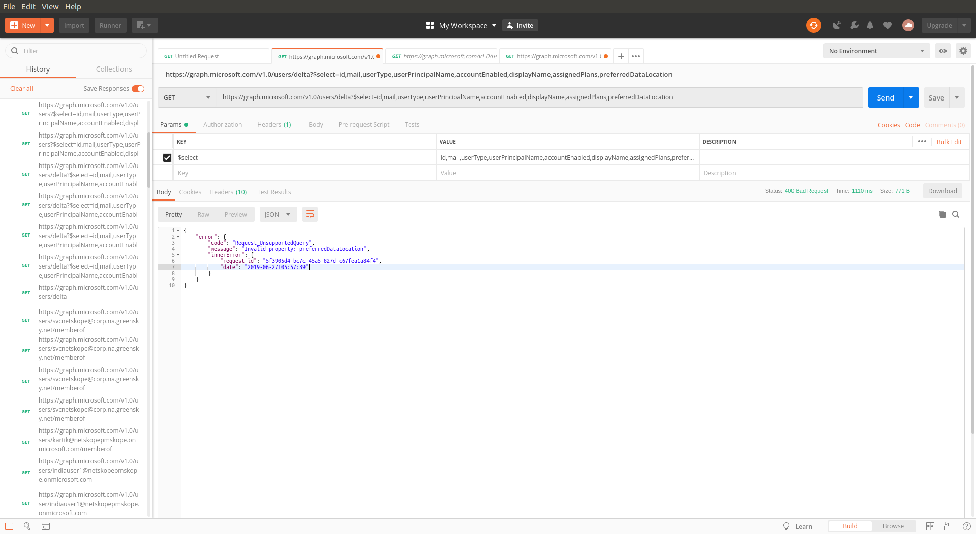 Unable/Error while getting preferredDataLocation in users/delta API ...
