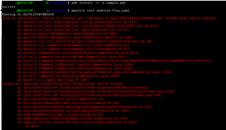 Broken pipe (Write failed) while installing sample, WSL · Issue #432 · mobile-dev-inc/maestro ...