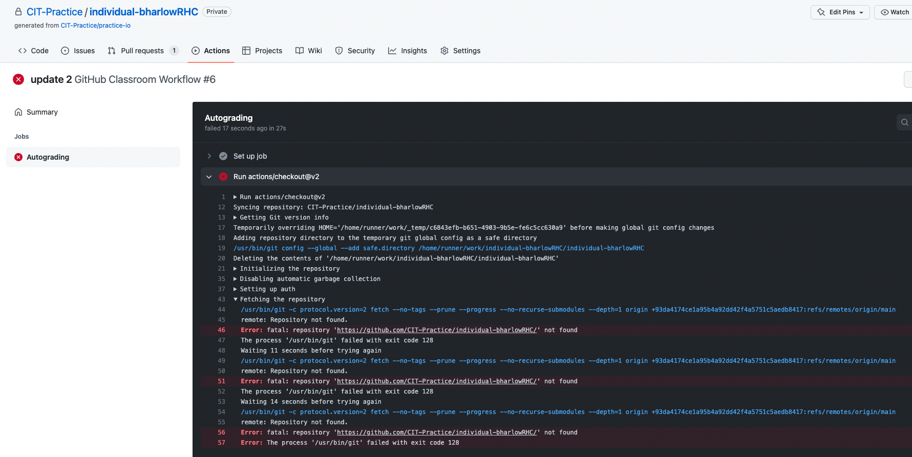 [classroom][actions] unable to fetch student's repo for auto-grading(actions) · community ...