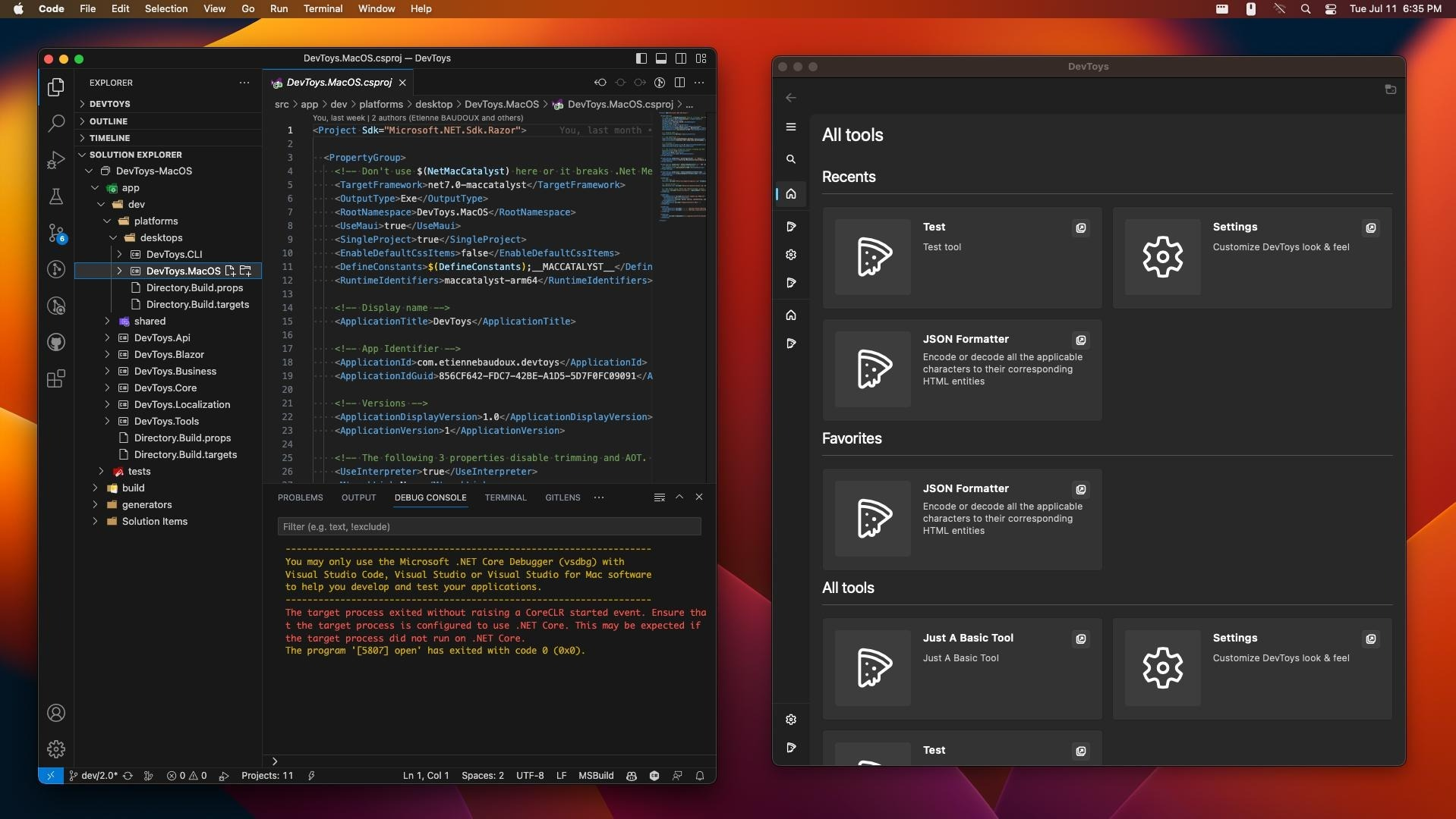 [BUG] Building and Starting DevToys 2.0 (MAUI) on MacOS works, but Debugger doesn't attach to it ...