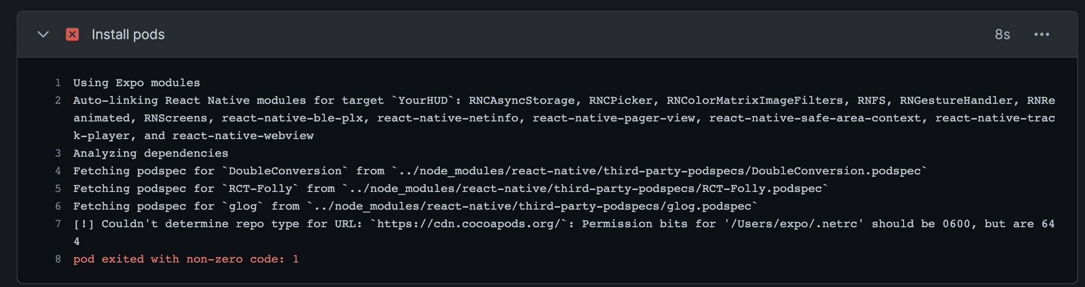 Permission bits for '/Users/expo/.netrc' should be 0600, but are 644 · expo expo · Discussion ...