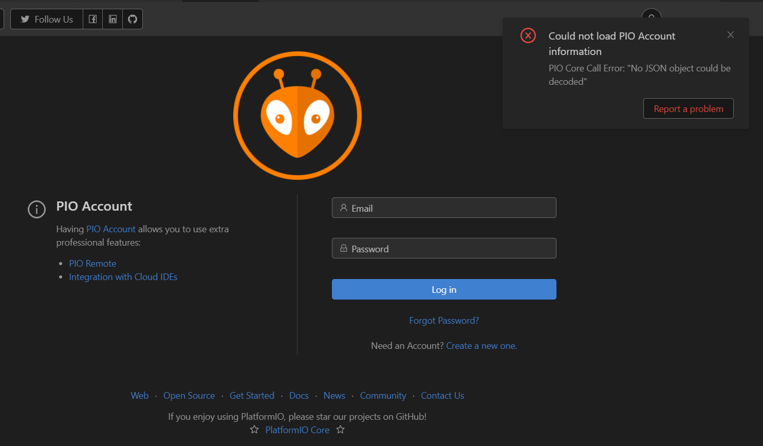 Home: Could not load PIO Account information · Issue #2772 · platformio ...