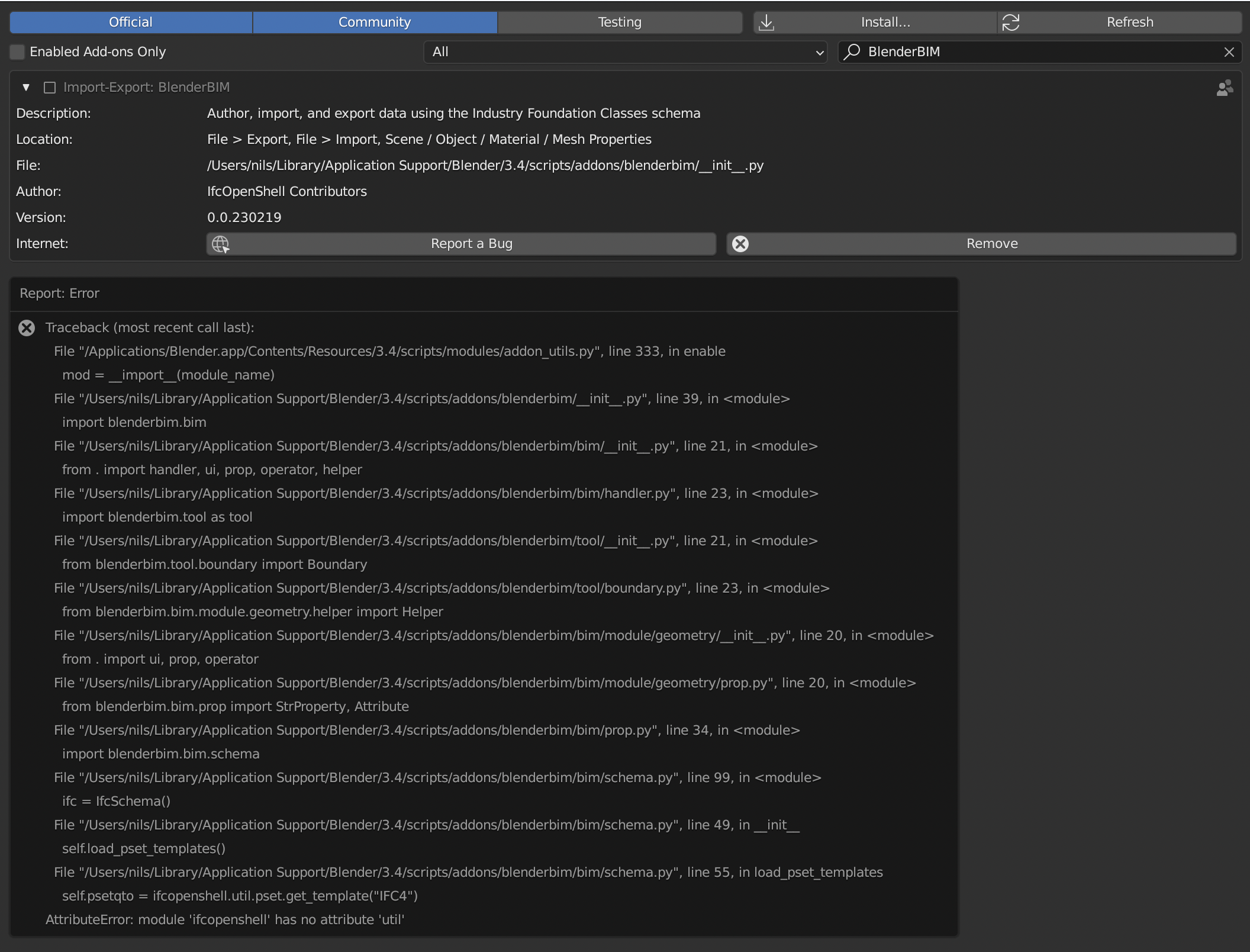 BlenderBim - Error when installing BlenderBim-230215 · Issue #2774 · IfcOpenShell/IfcOpenShell ...