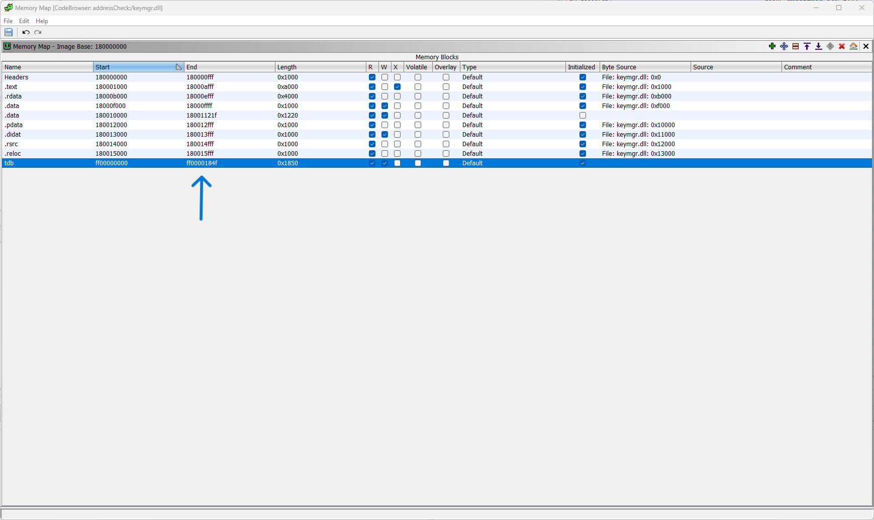 Memory Map Includes "tdb" memory block with negative/invalid address ...