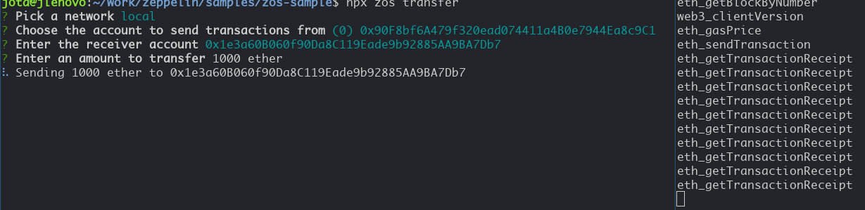 `zos transfer` gets stalled if the specified ETH amount exceeds the sender account balance when ...