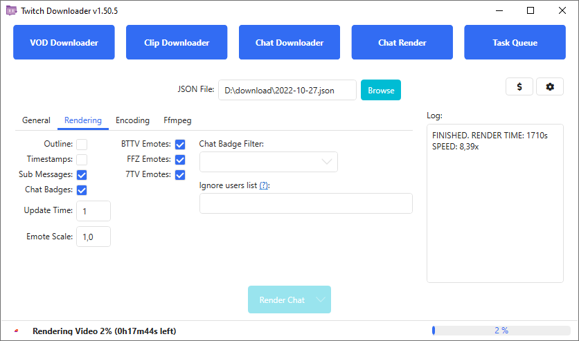 Chat render taking a long time? · Issue #388 · lay295/TwitchDownloader · GitHub