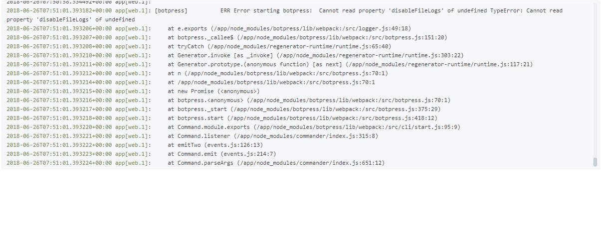 [Bug] Cannot read property 'disableFileLogs' of undefined · Issue #324 · botpress/v12 · GitHub