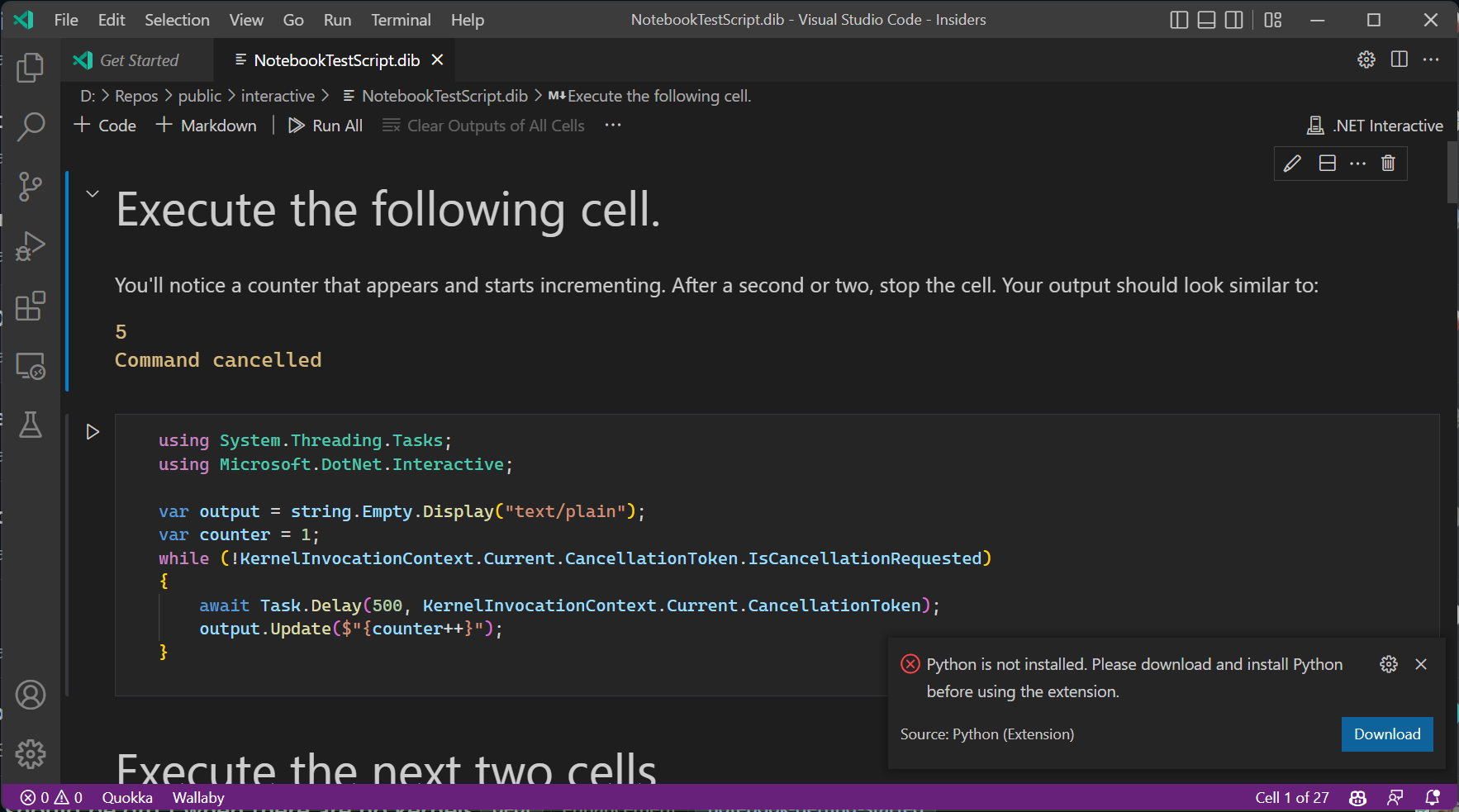Opening a dib file with .NET Interactive prompts the user with a suggestion to install python ...