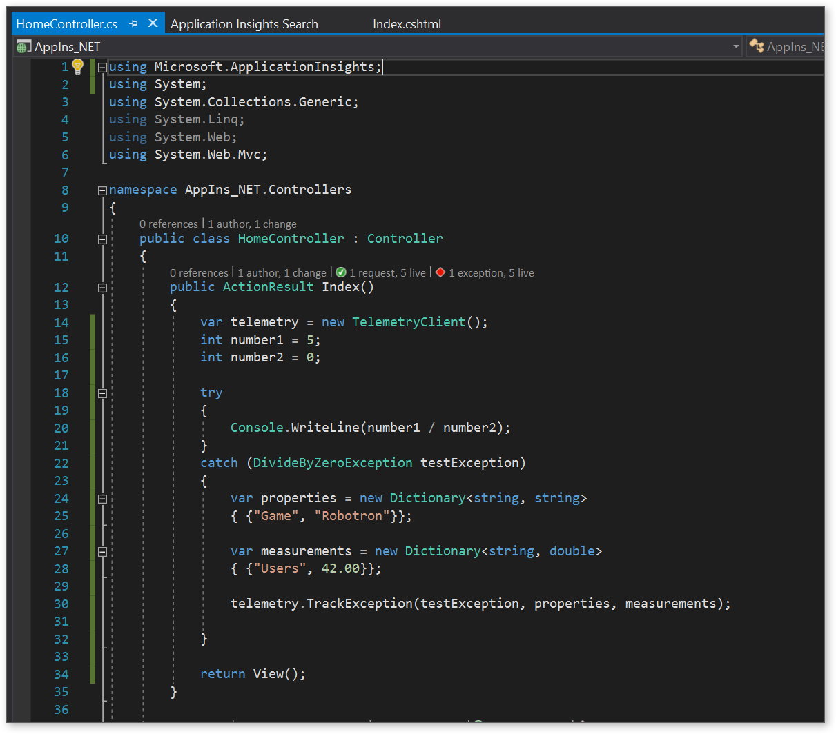 Need example of telemetryClient.TrackException( new ExceptionTelemetry ...