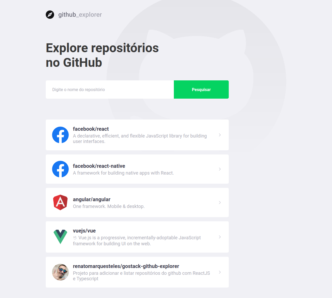 GitHub - renatomarquesteles/gostack-github-explorer: Projeto para adicionar e listar ...