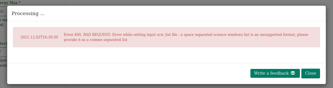 Error while setting input scw_list file from the frontend, content of the temporary directory is ...