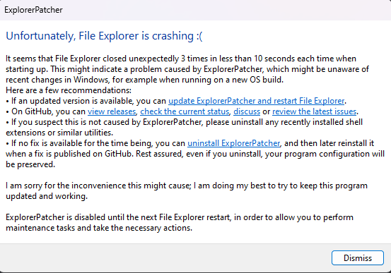 Unfortunately, File Explorer is crashing :( · valinet ExplorerPatcher ...