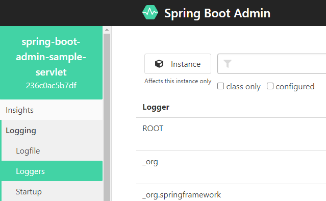 Button to toggle between Application and Instance in the Logging/Loggers page always change the ...