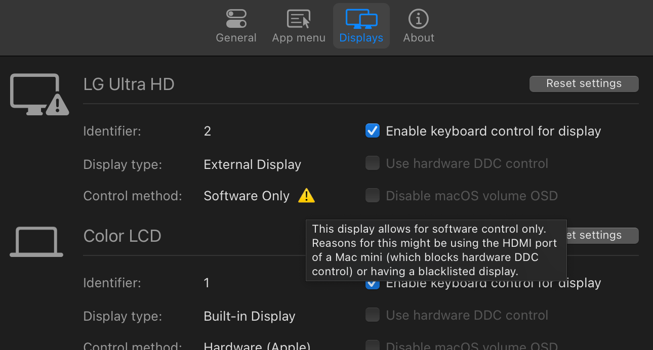 More detailed info under Displays on why hardware control is not ...