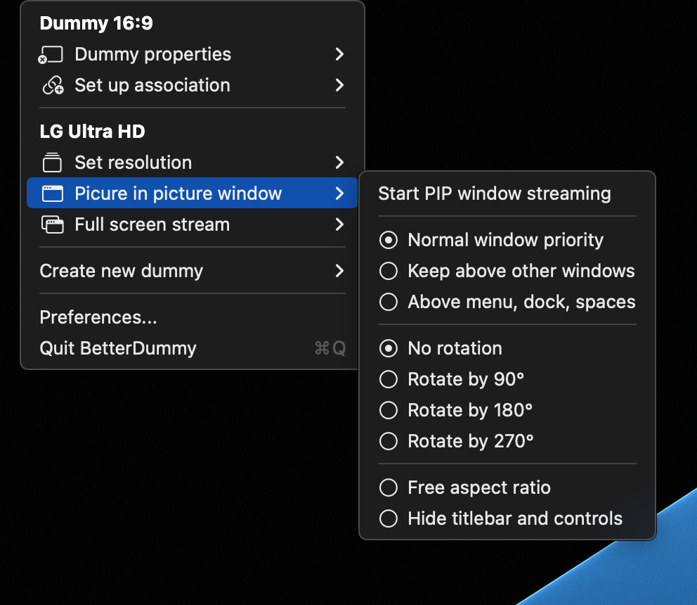 Picture in Picture, Full Screen streaming and mirroring configuration ...