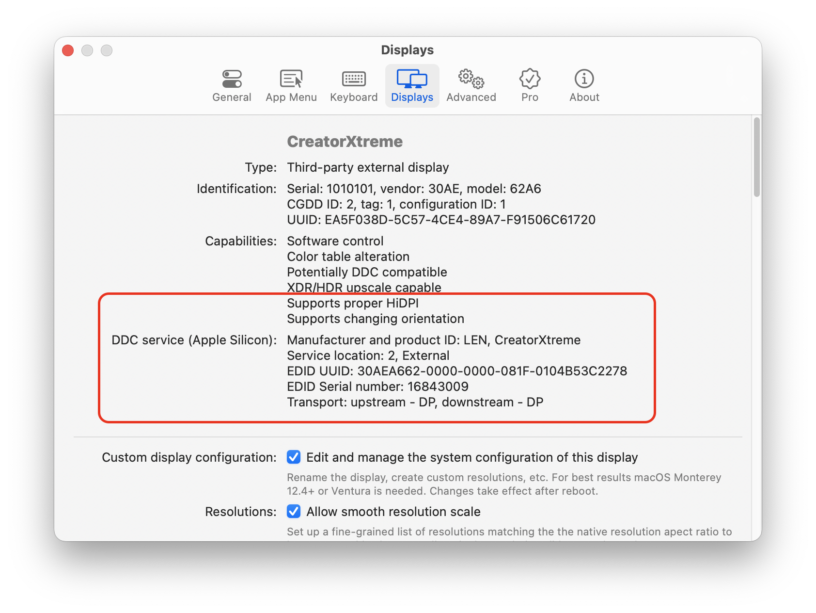 Add some additional support info when clicking the display name under Preferences/Displays ...