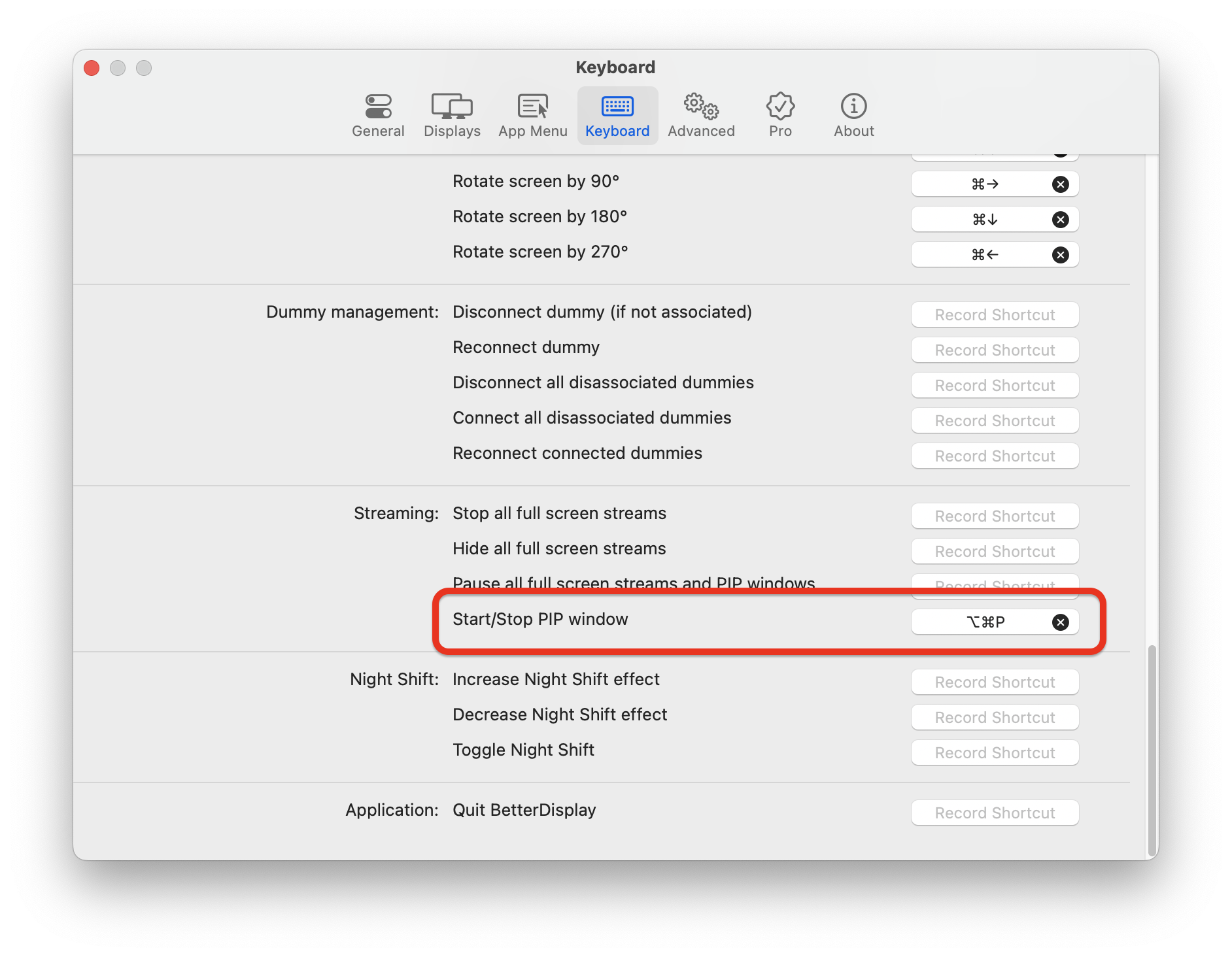 Keyboard shortcut to start/stop PIP window · Issue #1026 · waydabber/BetterDisplay · GitHub