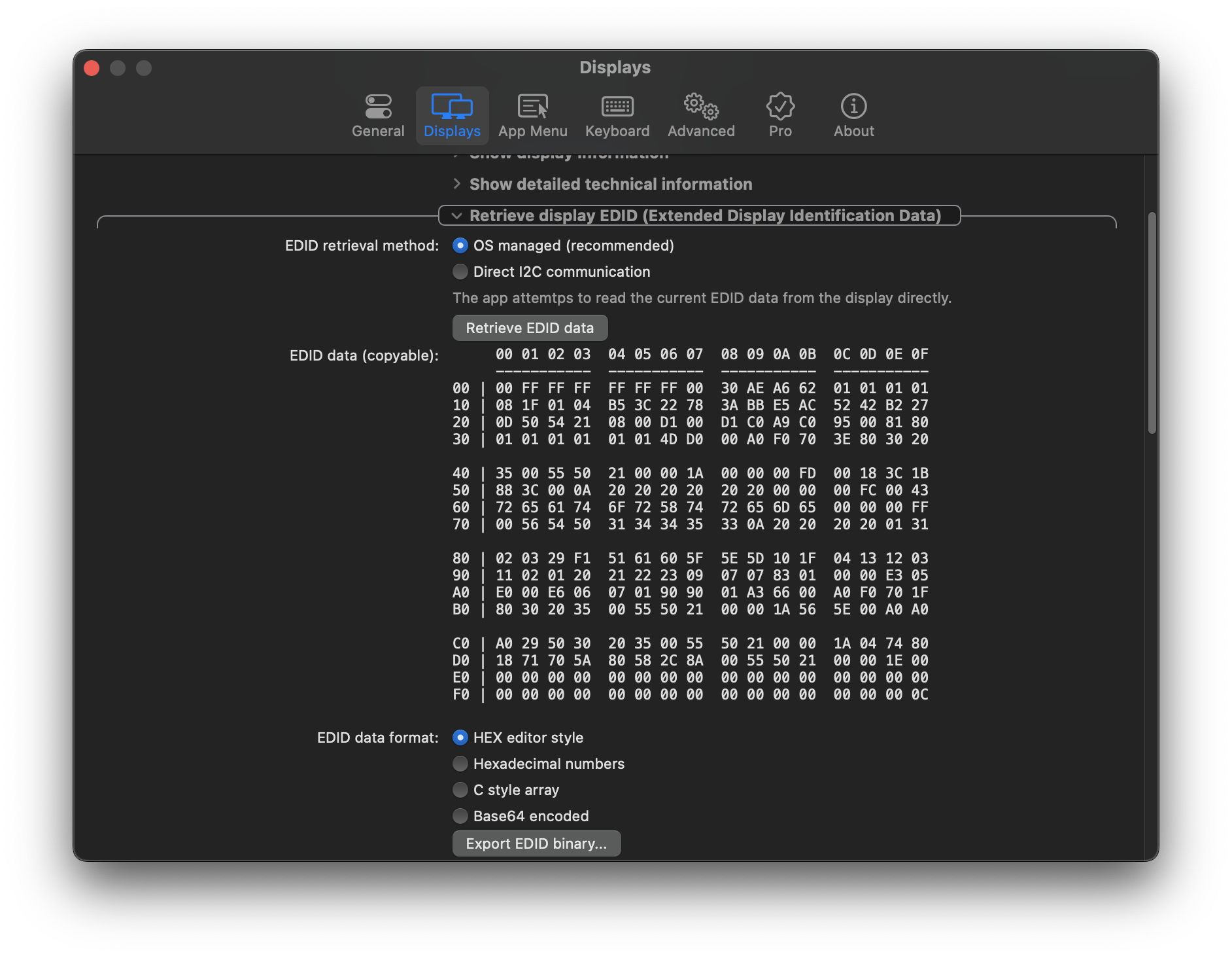 Add alternate formats for copyable EDID data · Issue #1156 · waydabber/BetterDisplay · GitHub