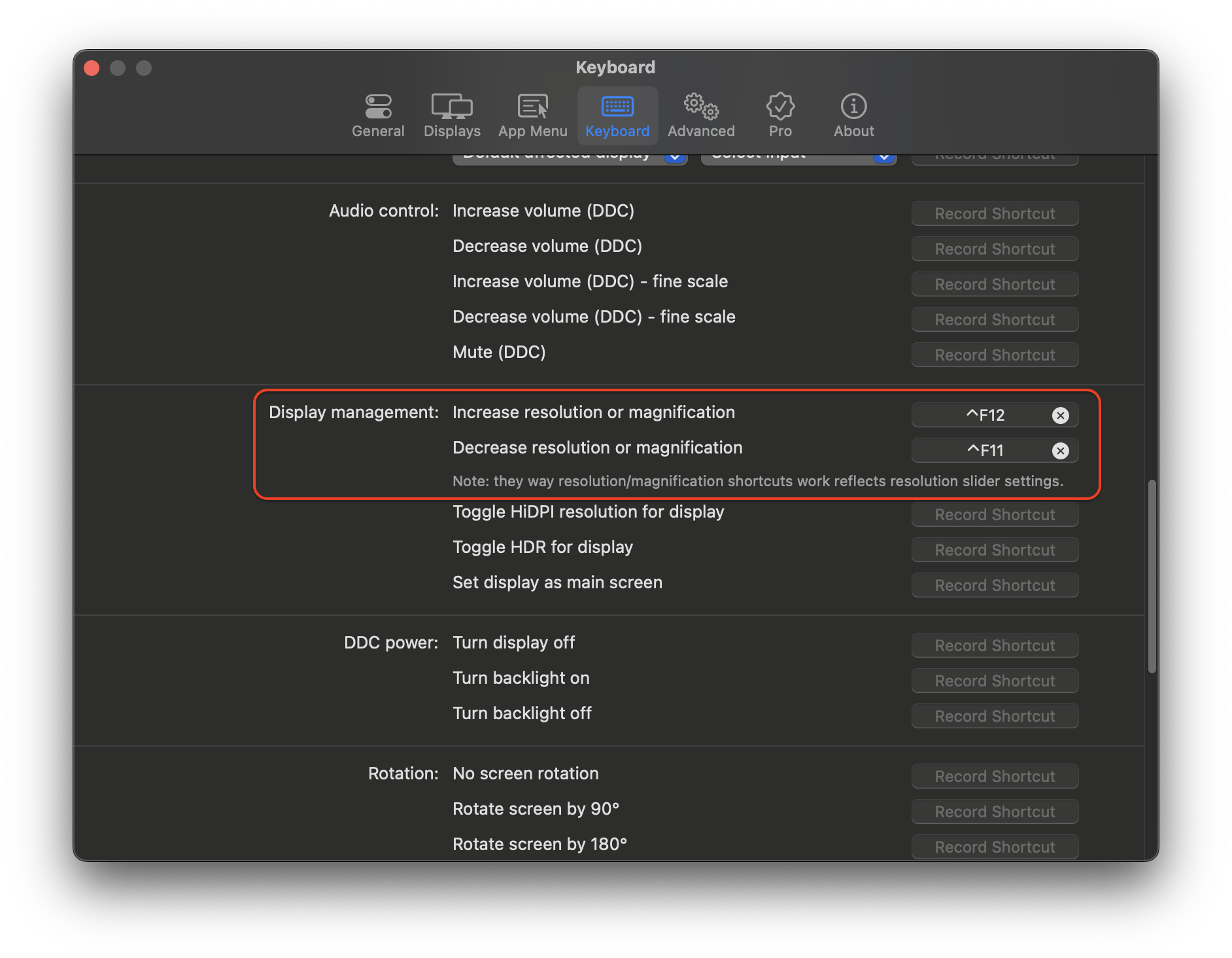 Improved resolution up/down keyboard shortcut - multiple steps, continuous adjustment ...