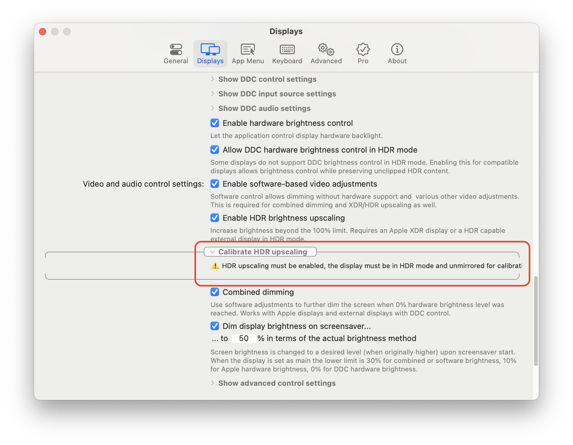 HDR upscale calibration requires HDR mode warning text is cropped under Settings/Displays ...