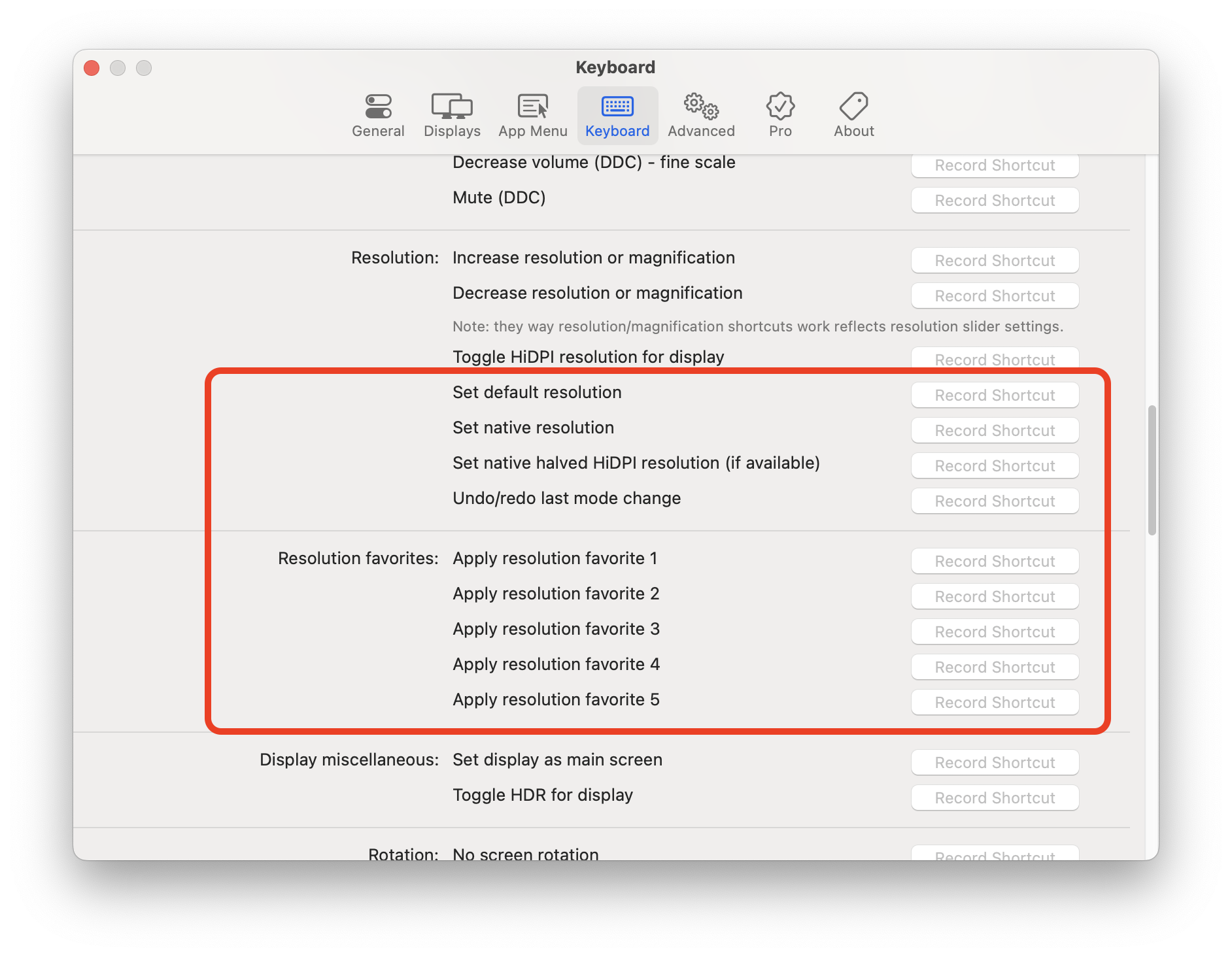 Add keyboard shortcuts for display resolution favorites, default/native ...