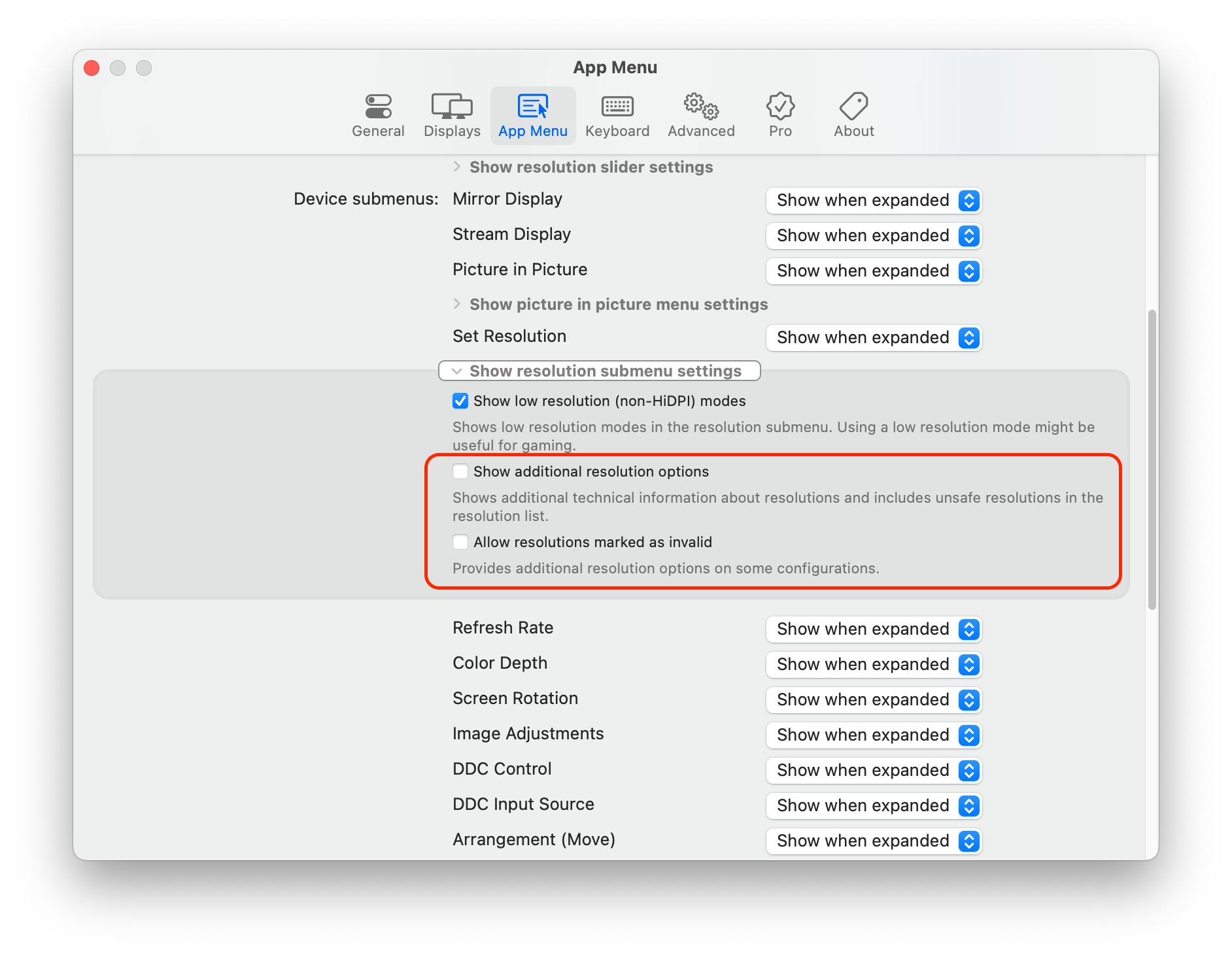 Make resolution modes that are not visible with default settings more reachable via additional ...