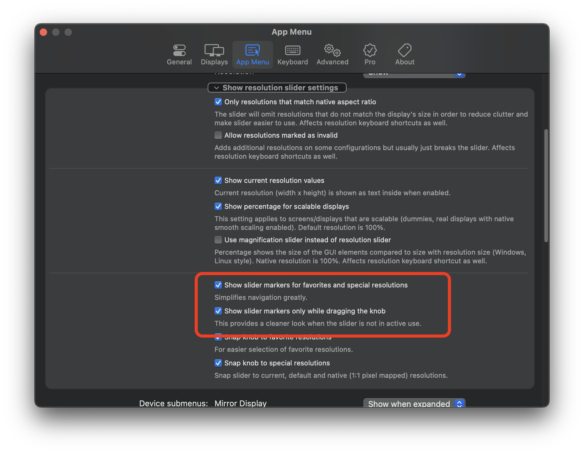 Add some subtle indicators on the resolutions slider where special and favorite resolutions are ...