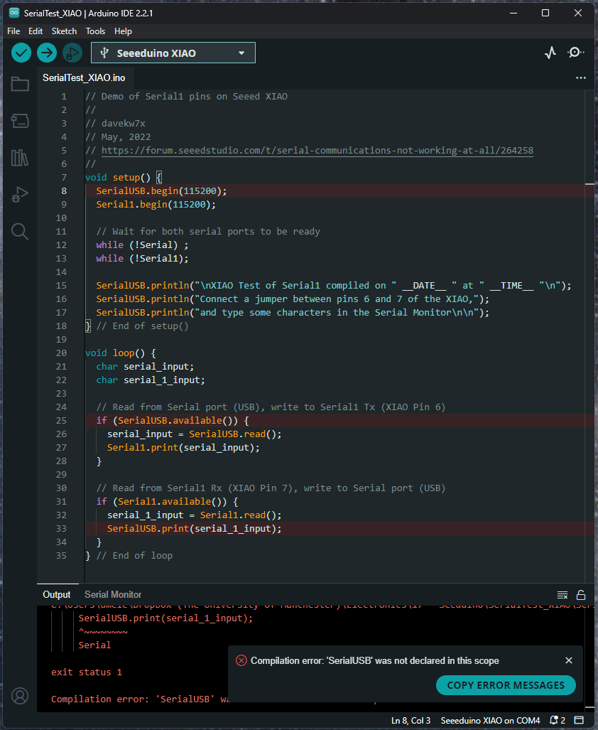 SerialUSB is not declared in this scope - Xiao ADC/DAC example · Issue #777 · Seeed-Studio/wiki ...