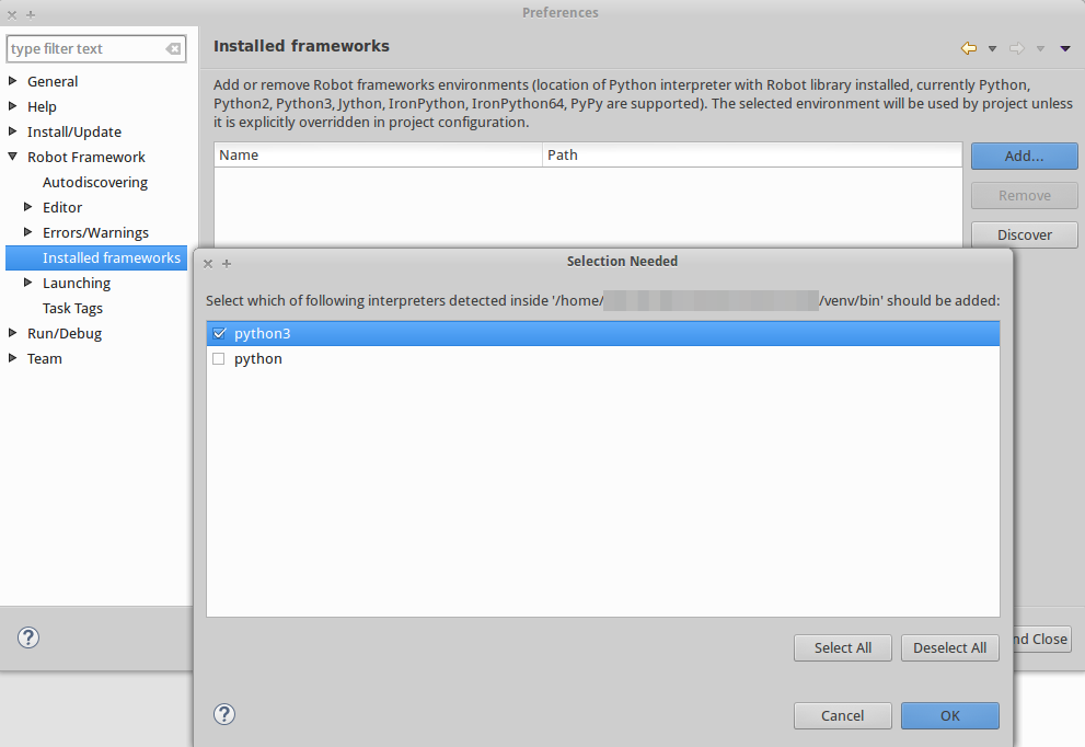 Unable to add Python3 located in virtualenv · Issue #240 · nokia/RED · GitHub