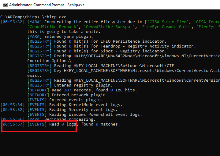 [EVENTS] Read 0 logs, found 0 matches · Issue #13 · cisagov/CHIRP · GitHub