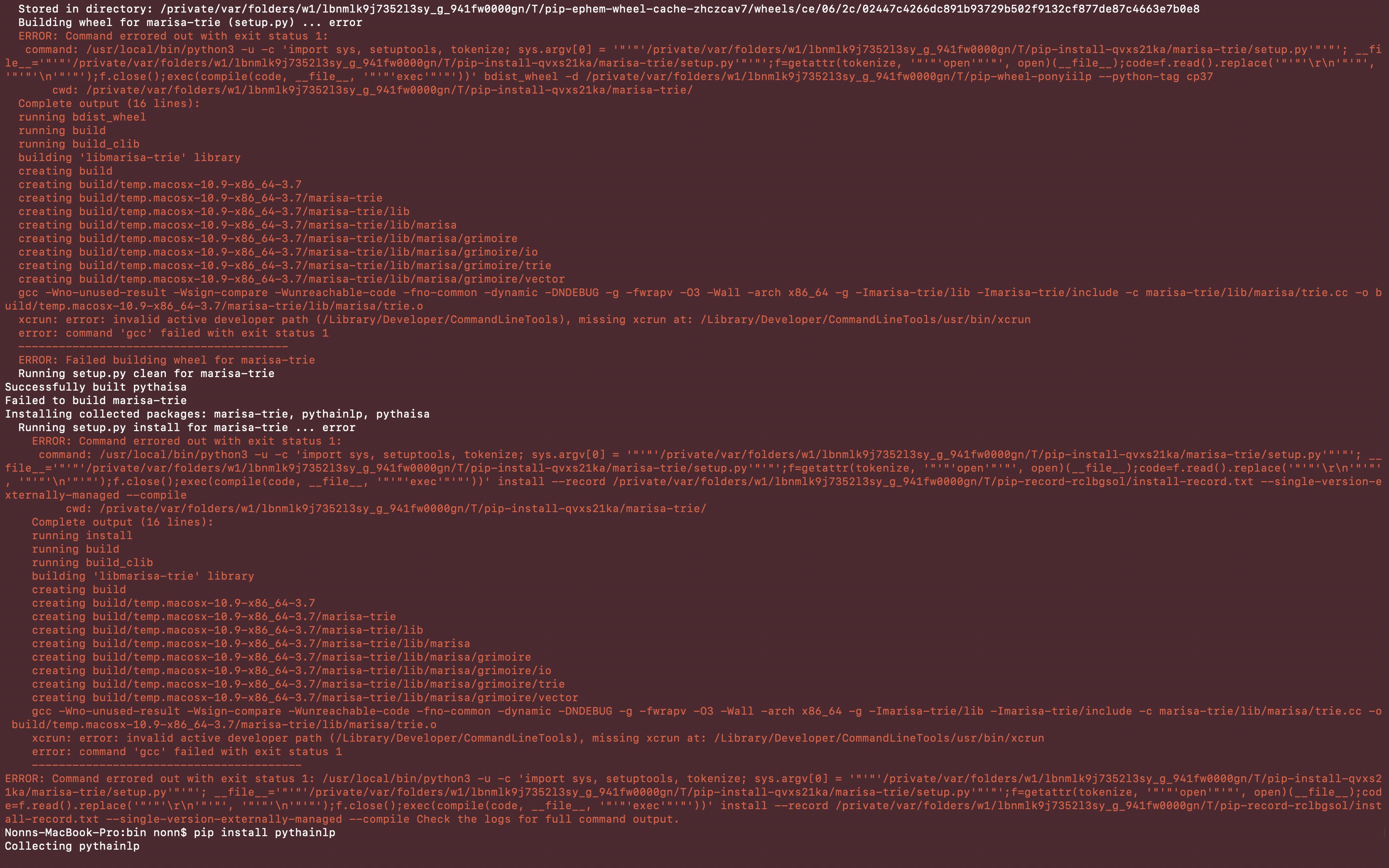 Error Failed Building Wheel For Marisa Trie ตอน Pip Install บน Macos · Issue 289 · Pythainlp 
