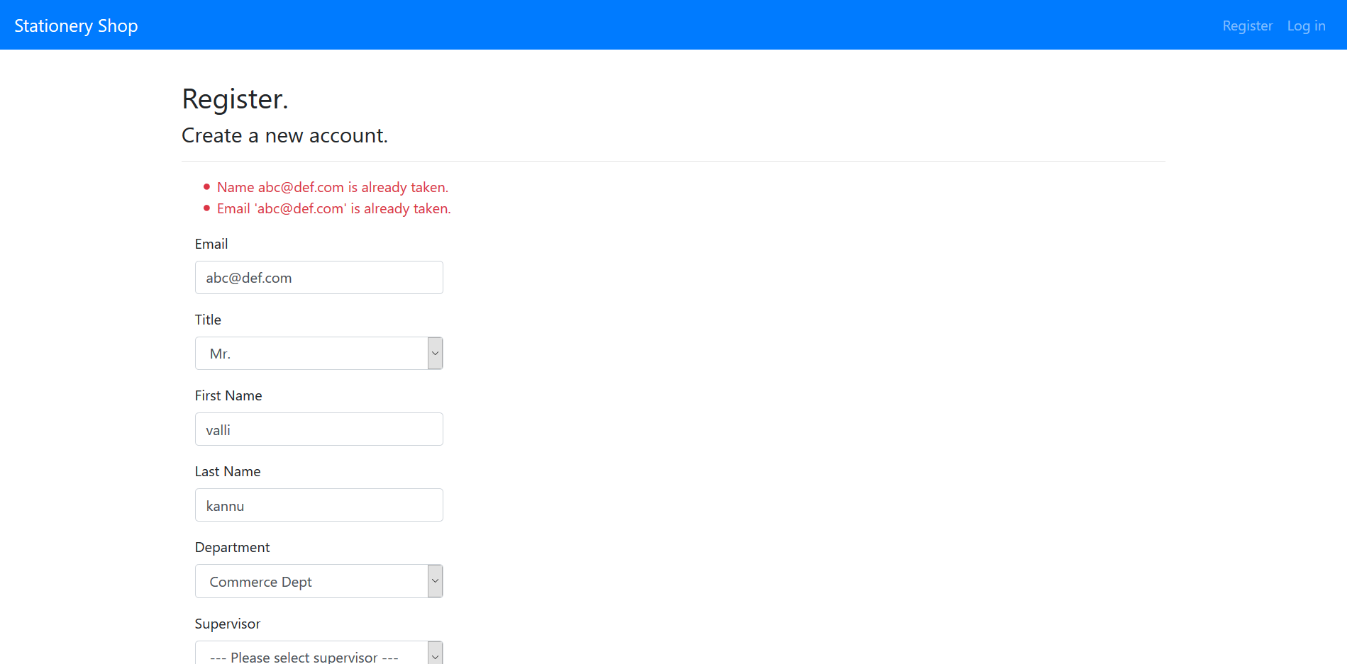 Login page - User registers with an existing id, validation message is ...