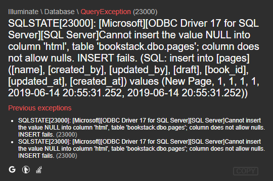 Mssql Errors Throughout Entire Process Of Creating A Book · Issue 1493 · Bookstackappbookstack