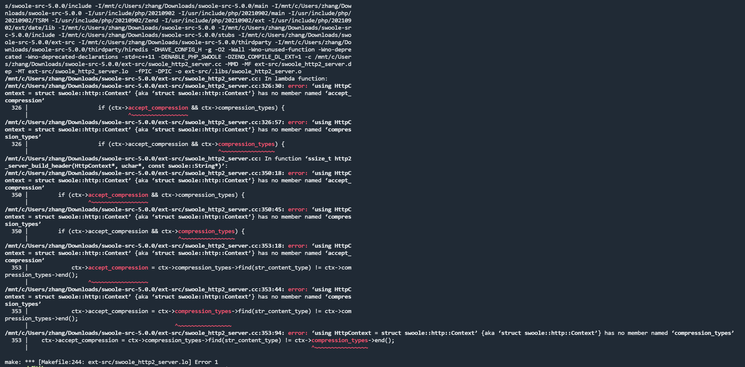 ubuntu 22.04.1安装swoole5.0报错 make: *** [Makefile:244: ext-src/swoole_http2_server.lo] Error 1 ...