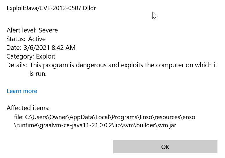 Enso triggers Windows Defender: Exploit:Java/CVE-2012-0507.D!ldr · Issue #2794 · enso-org/enso ...