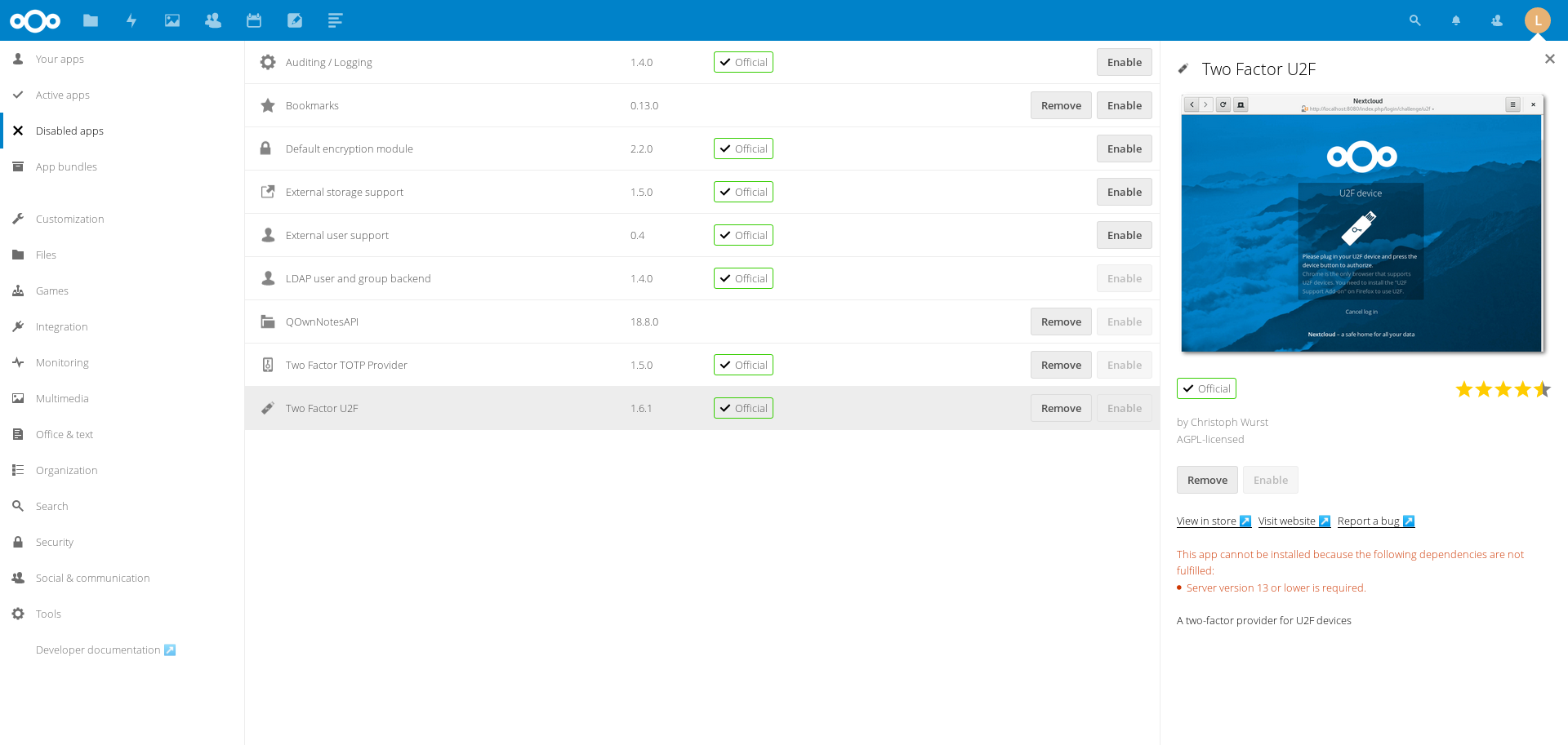 Cannot enable the app on Nextcloud 14 · Issue #232 · nextcloud/twofactor_u2f · GitHub