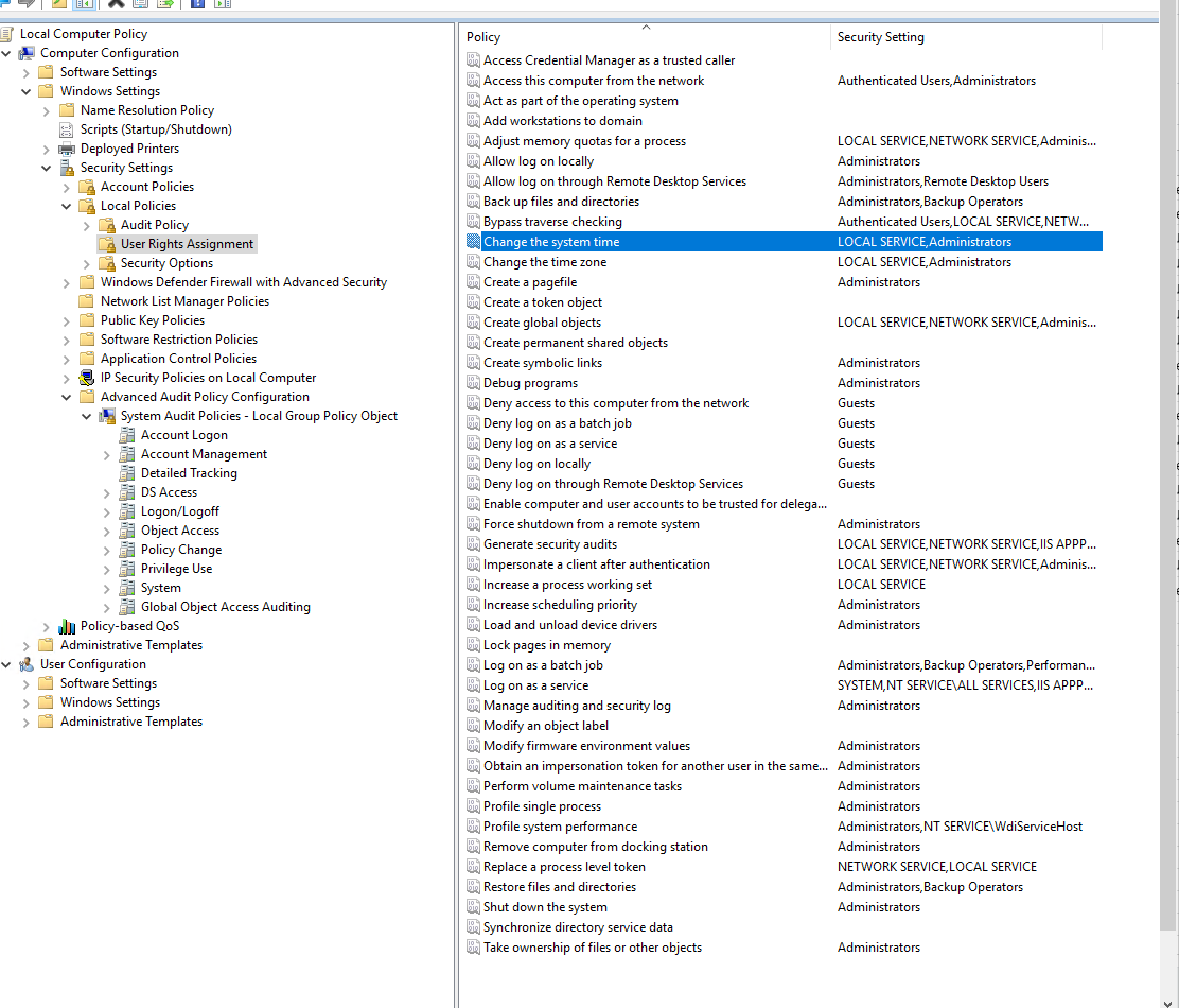 "Windows machines should meet requirements for 'User Rights Assignment ...