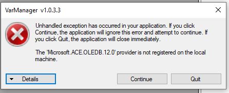 1.0.3.3 Microsoft.ACE.OLEDB.12.0 · Issue #12 · feelfar/varManager · GitHub