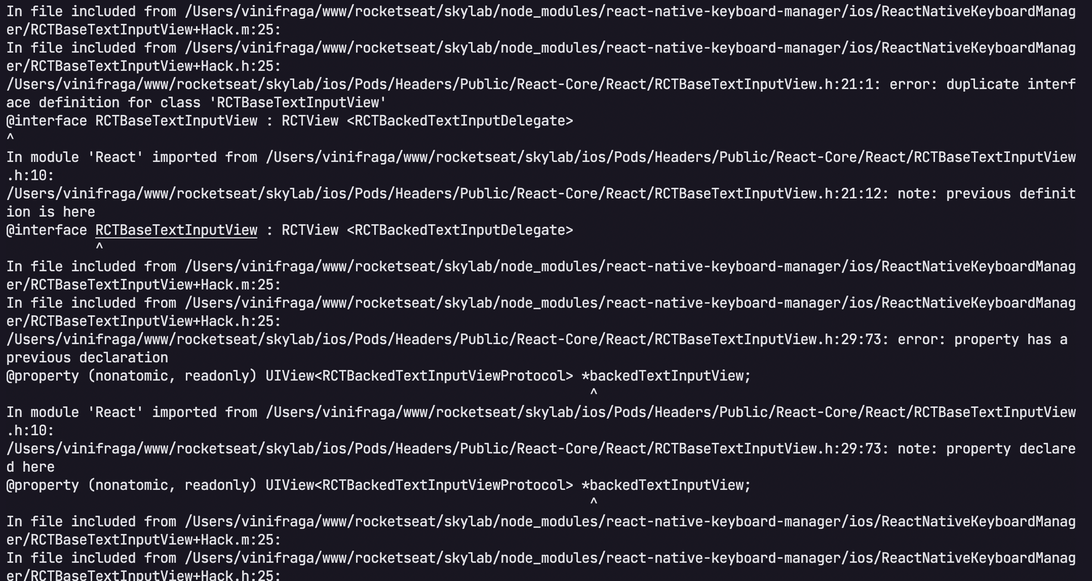 iOS build error: duplicate interface definition for class 'RCTBaseTextInputView' · Issue #85 ...