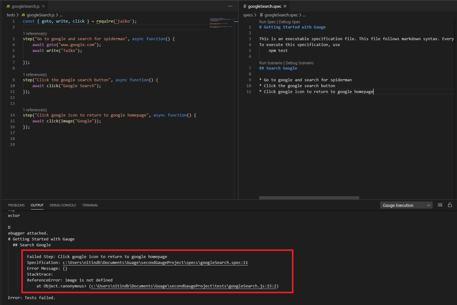 Image click command fails as Gauge 'Step' but runs successfully in Taiko generated script ...
