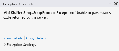 MailKit -> "Unable to parse status code returned by the server." during client connect ...