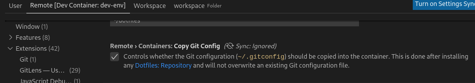 .gitconfig inside container does not have email/name set; requires manual `git config --global ...