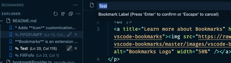[FEATURE] - Keep the text while input label · Issue #651 · alefragnani/vscode-bookmarks · GitHub
