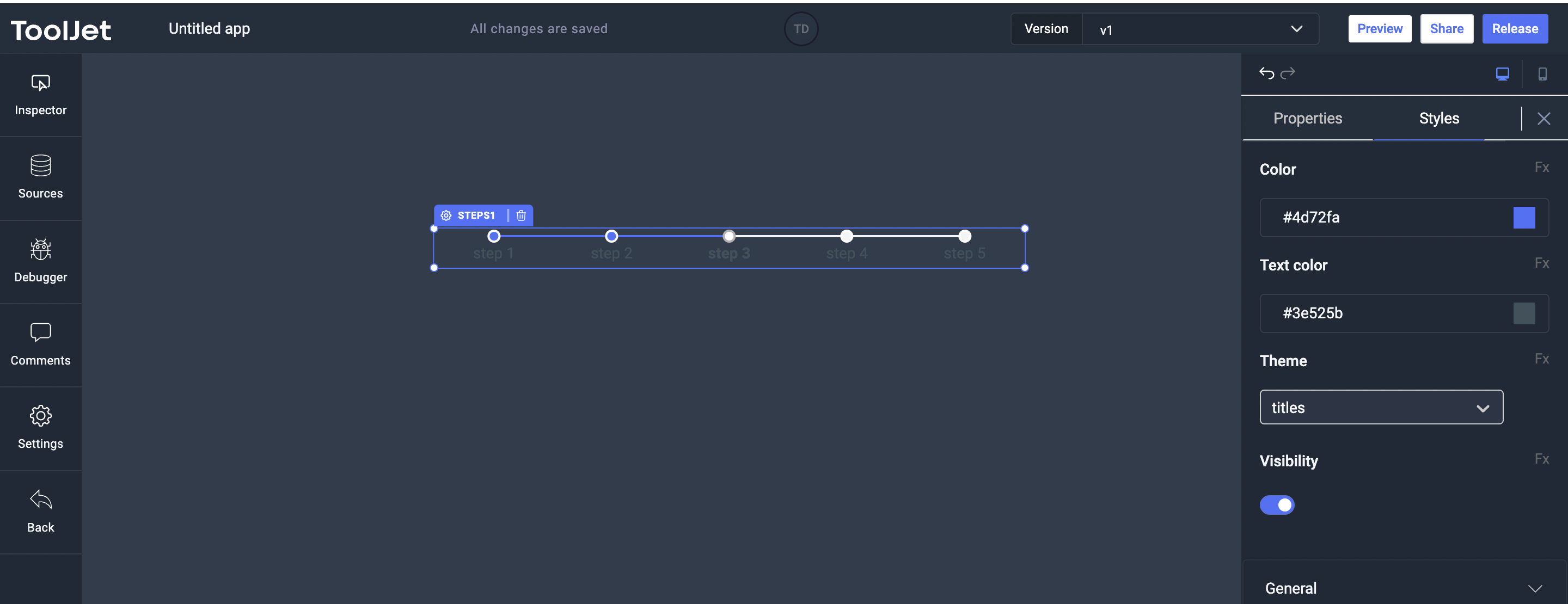 Bug : [ Steps widget ] is not consistent with dark theme. · Issue #4000 · ToolJet/ToolJet · GitHub