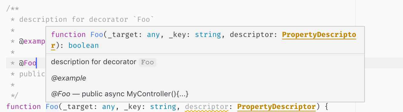 Better support for decorator in `@example` jsdoc block · Issue #75238 · microsoft/vscode · GitHub