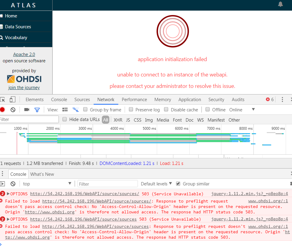 Public Atlas site reports: application initialization failed, unable to connect to an instance ...