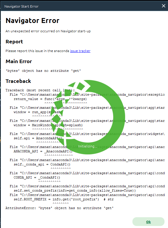 Navigator Error Bytes Object Has No Attribute Get · Issue 13166 · Continuumioanaconda 
